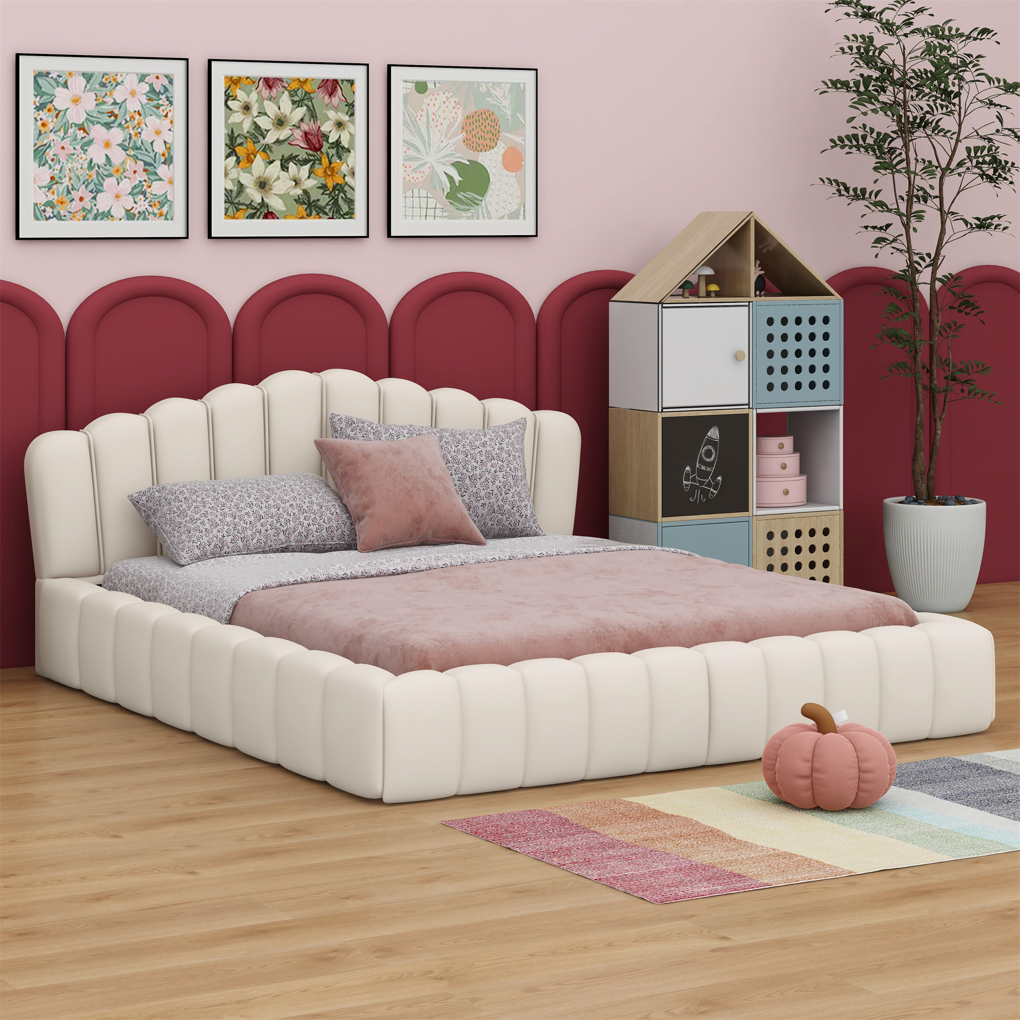 Ivy Bronx Upholstered Bed Frame Floor Bed Shell-Shaped Headboard ...