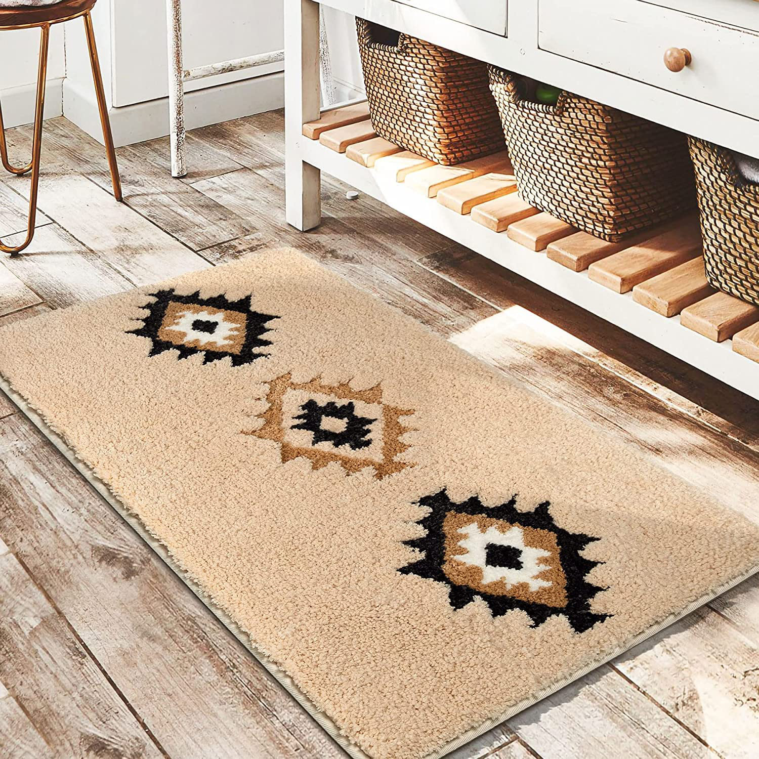 Foundry Select Boho Bliss Non-Slip Bath Mat - Cream Beige Geometric Rug ...
