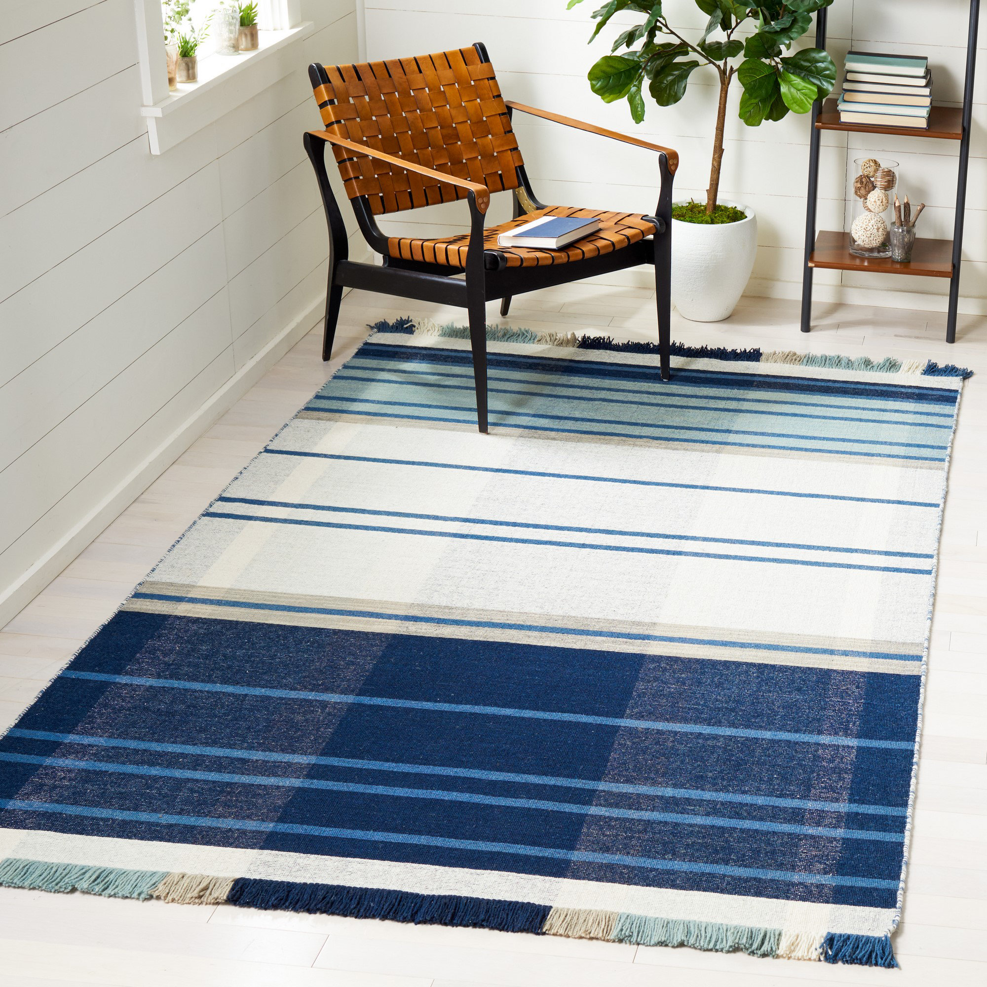 Highland Dunes Anjail Flat Weave Wool/Cotton Plaid Rug in Beige/Blue ...