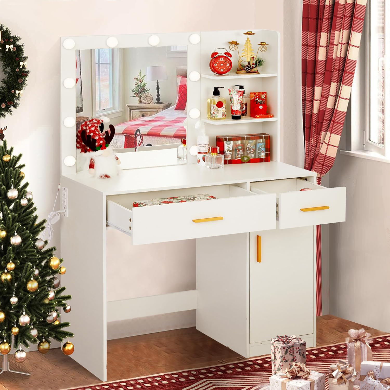 Mercer41 Vanity Desk with LED Lighted Mirror and Power Outlet,3 Color ...