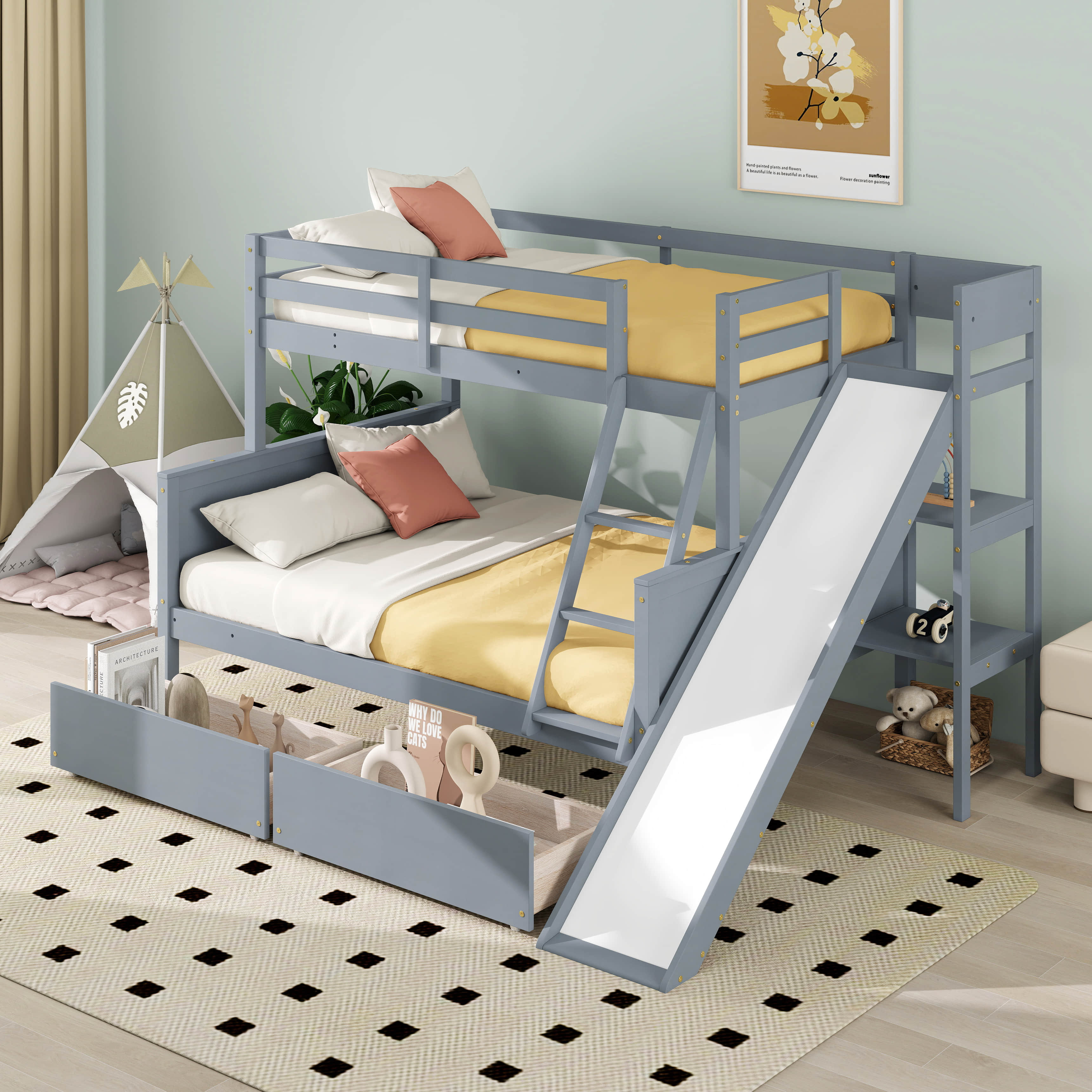 Harriet Bee Twin Over Full Bunk Bed With Slide & 2 Drawers & Shelves ...