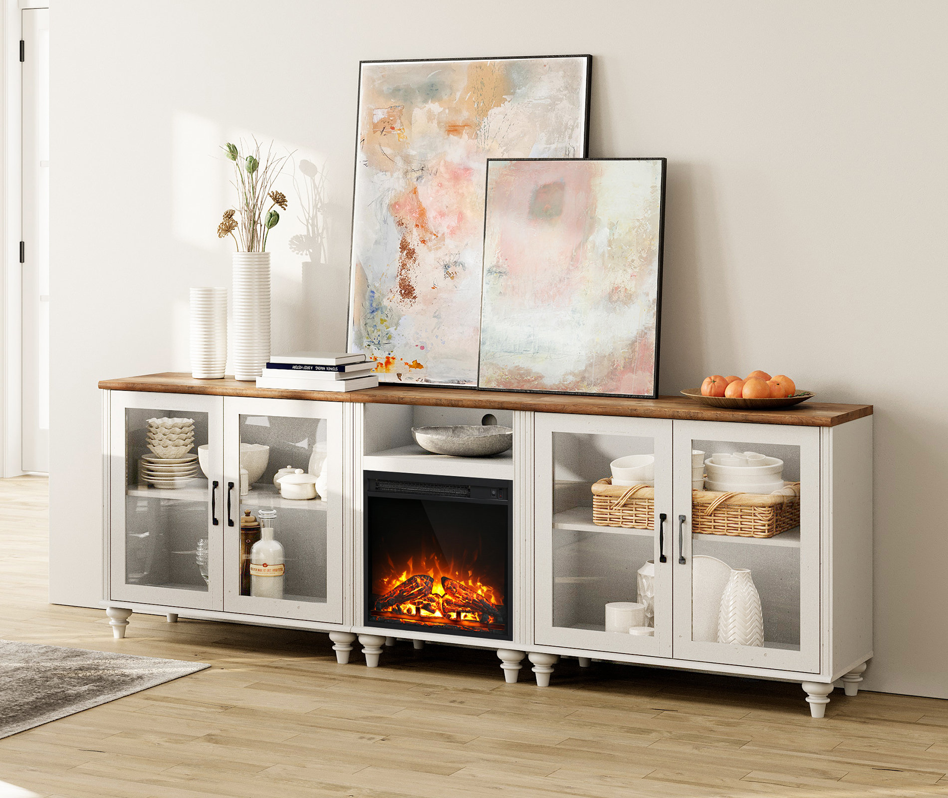 Charlton Home Sideboard Cabinet With 4 Glass Doors, Vintage Wood Grain ...