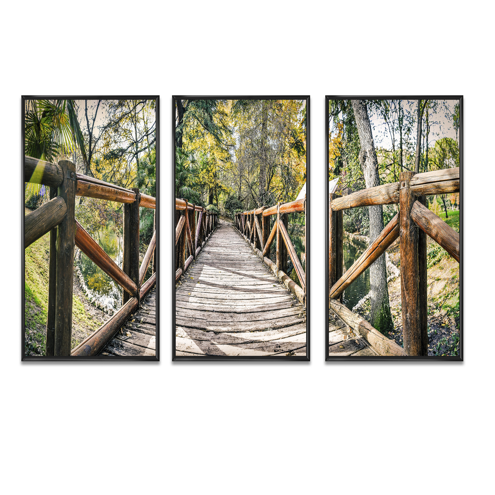 Millwood Pines Wooden Bridge In Forest - Pier & Bridge Framed Canvas ...