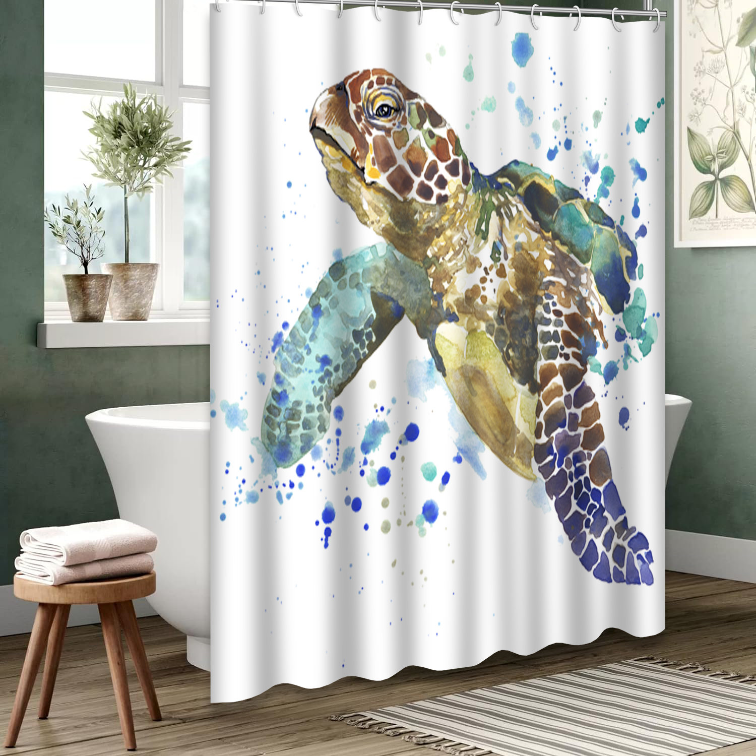 East Urban Home Sea Turtle Splash Art Waterproof Shower Curtain, 12 ...