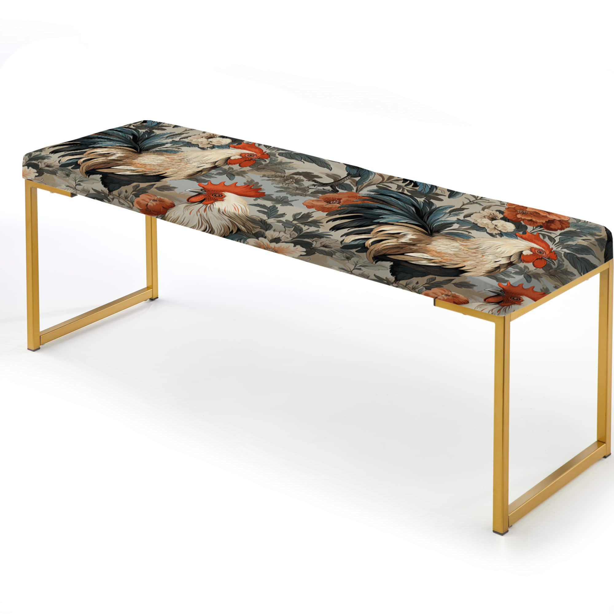Design Art Country Rooster Prints - Animal Print Upholstered Gold Bench ...