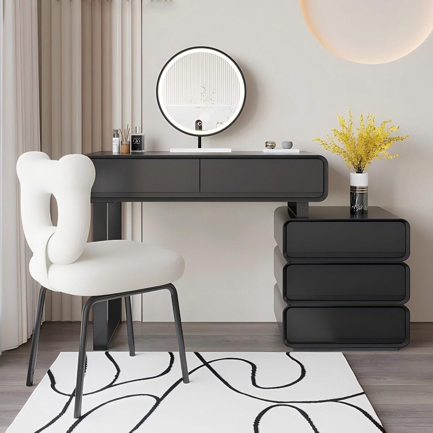 Orren Ellis Modern Minimalist Black Solid Wood Extendable Vanity Table ...