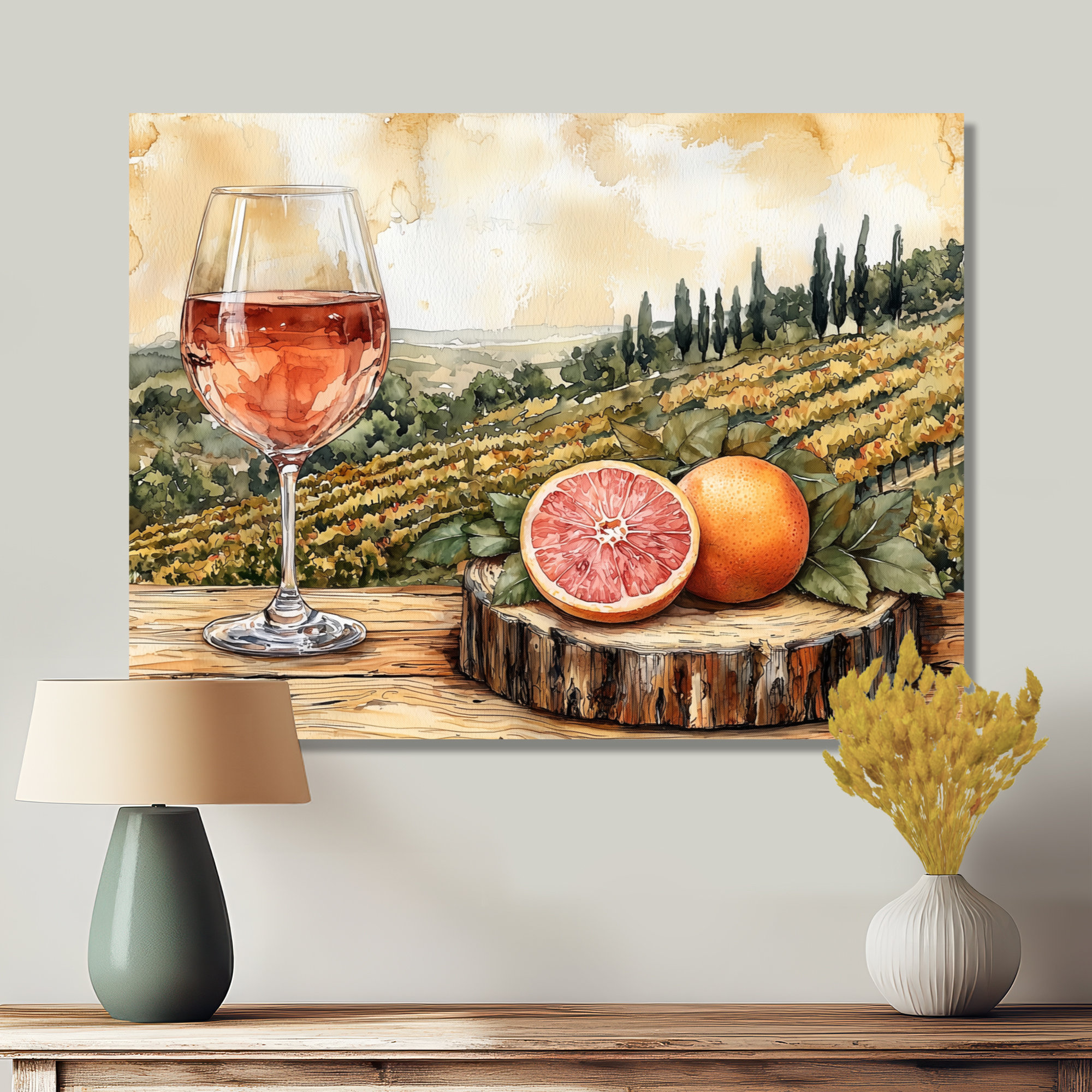 Design Art Grapefruit With Glass Of Wine In Vineyard Landscap ...