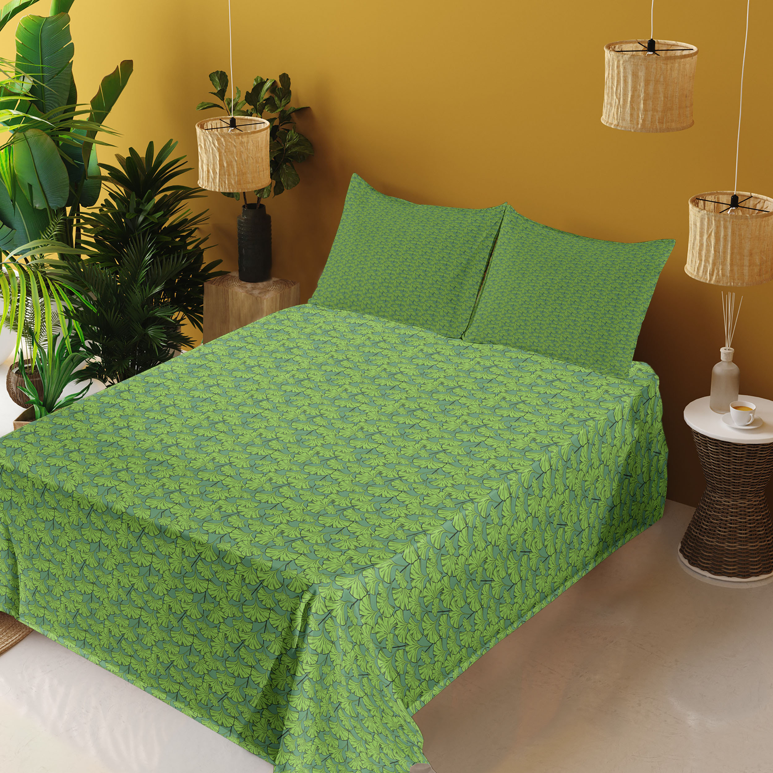 Ambesonne Japanese Print Sheet Set Ginkgo Leaves Art Apple Green ...