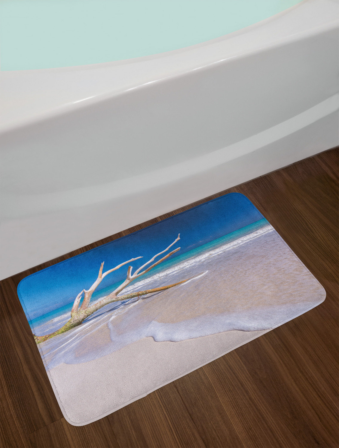 East Urban Home Gentle Waves Hitting the Coastline with an Algae Covered Tree Trunk Bath Rug ...
