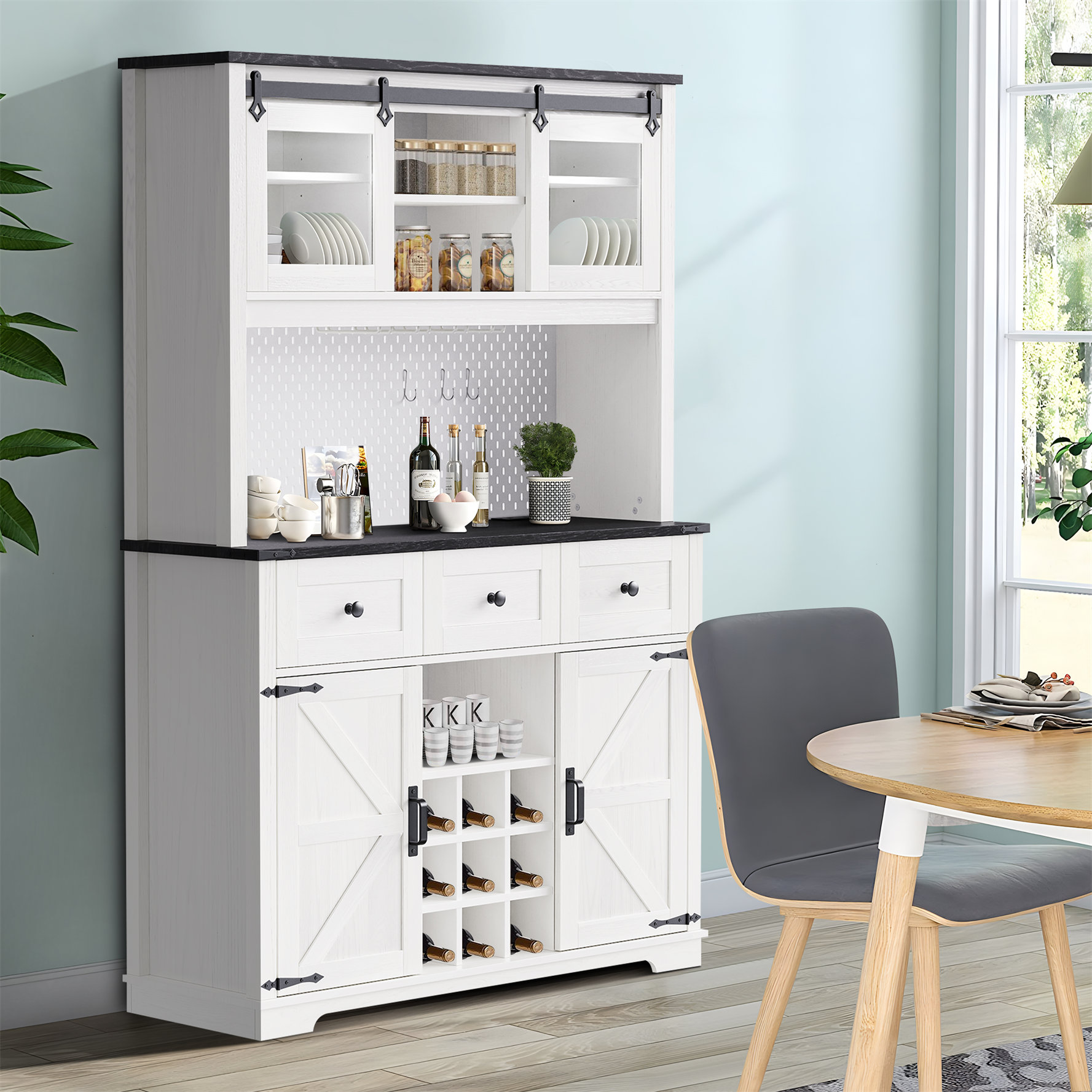 Gracie Oaks 71"H Farmhouse Panrty Cabinet With Power Ports, Drawers ...