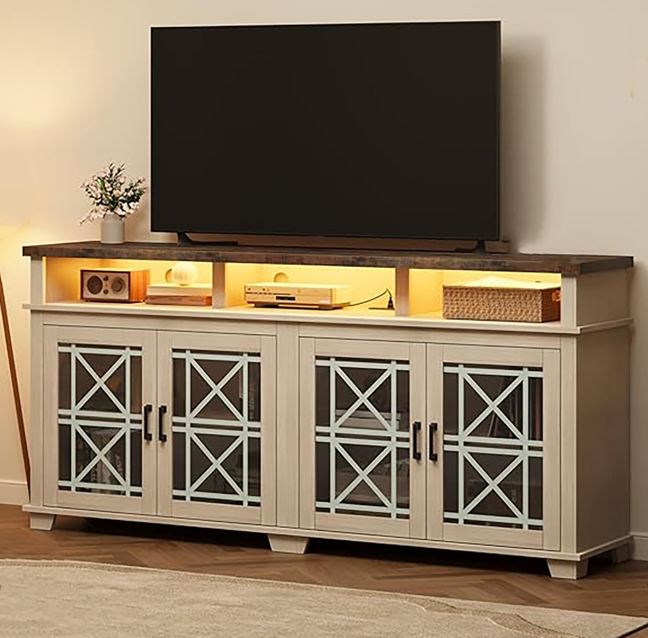 Gracie Oaks Wooden Media Console Cabinet Furniture With Glass Door For ...