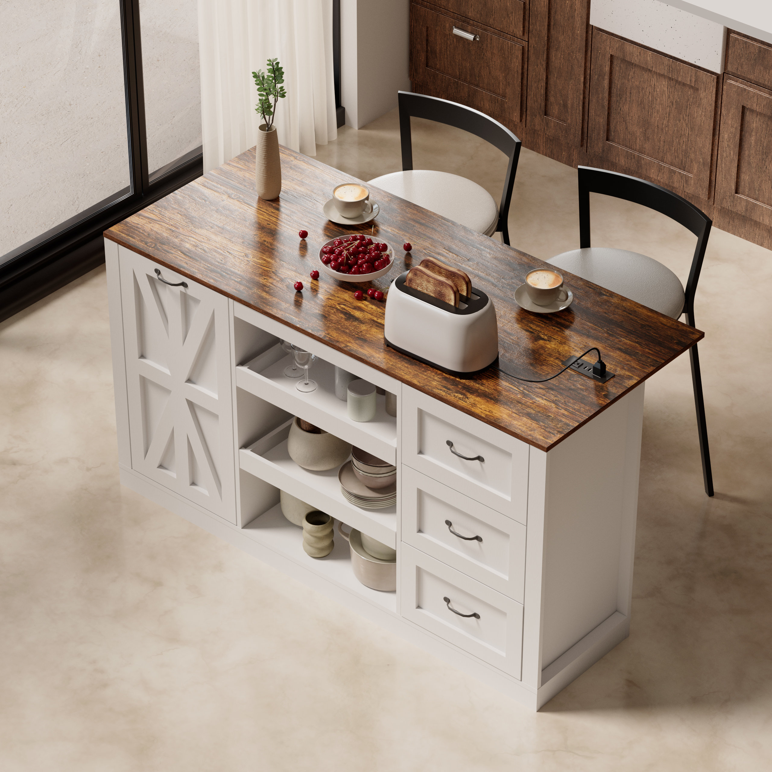 Gracie Oaks 59" Large Kitchen Island with Power Outlet & Drop Leaf ...