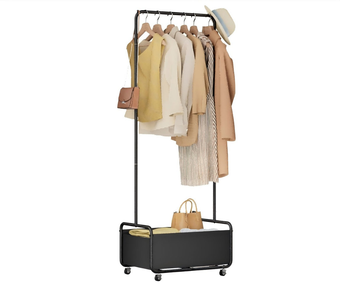 Rebrilliant Small Clothes Rack With Wheels, With Basket,Black | Wayfair