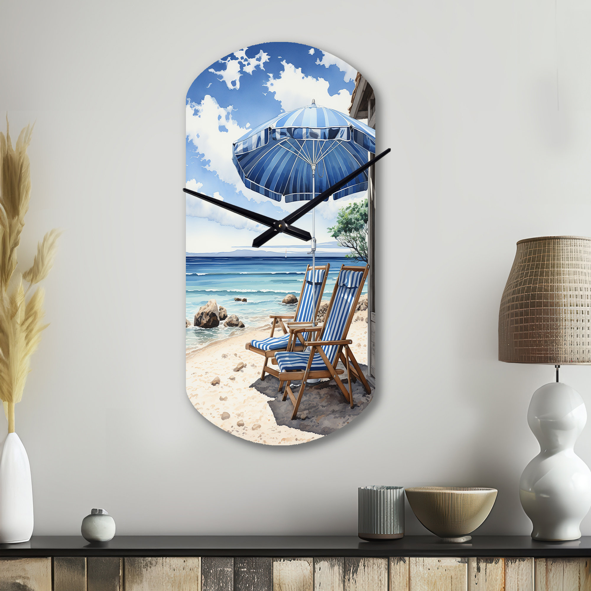 Design Art Beach Sandy Escape Pointillism I - Cylinder Shape Blue Wall Clock Sculpture | Wayfair