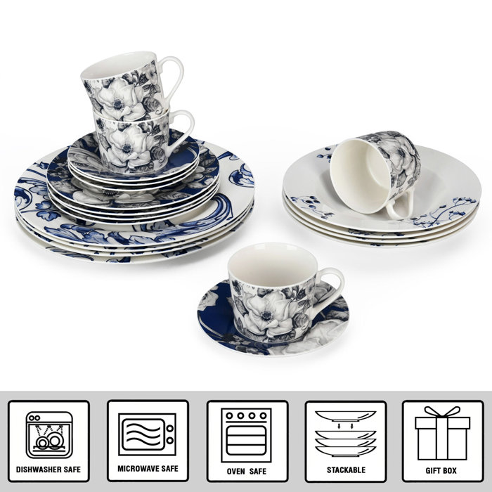 STP Goods Blue Magnolia Porcelain China Dinnerware Set - Service for 4 ...
