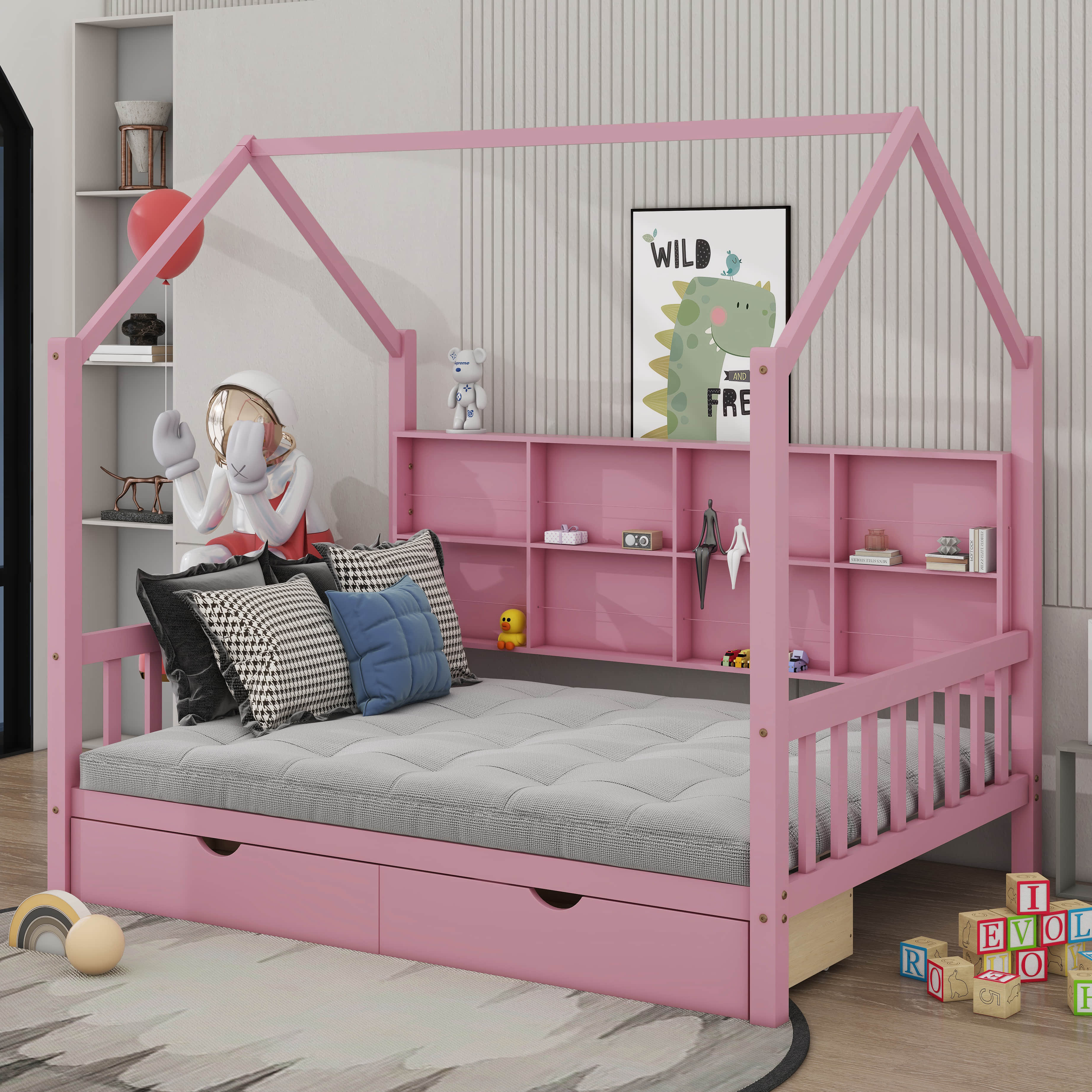 Mercer41 Nelissa Wooden Full Size House Bed with 2 Drawers and Storage ...