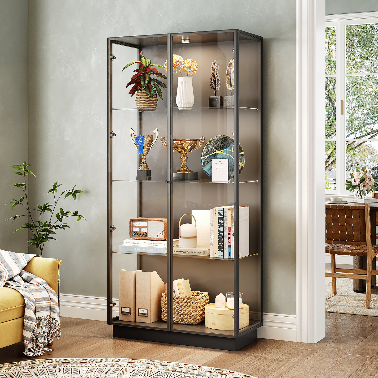 Wrought Studio Display Case With Tempered Glass Shelves And Doors ...