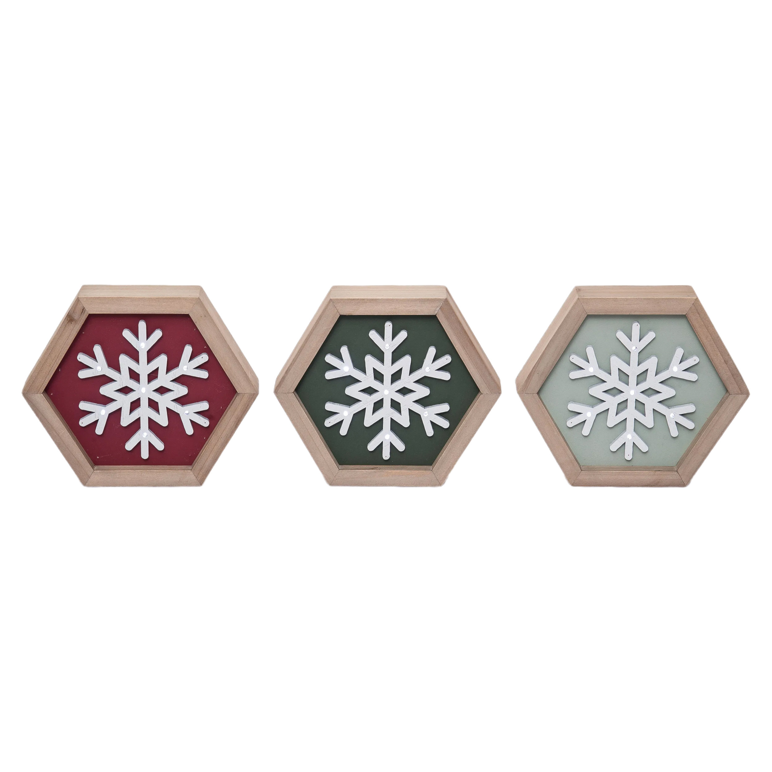 Ophelia & Co. Wood 7.5 in. Christmas Light Up Framed Snowflake Wall Art Set of 3 | Wayfair