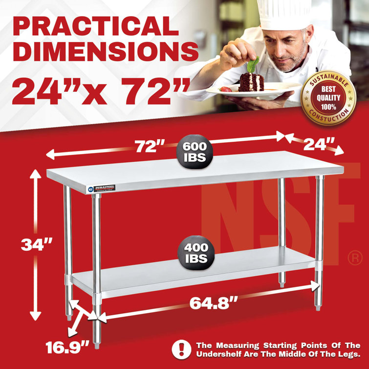 DuraSteel 24 x 72 Inch Commercial Stainless Steel Workbench Table with ...