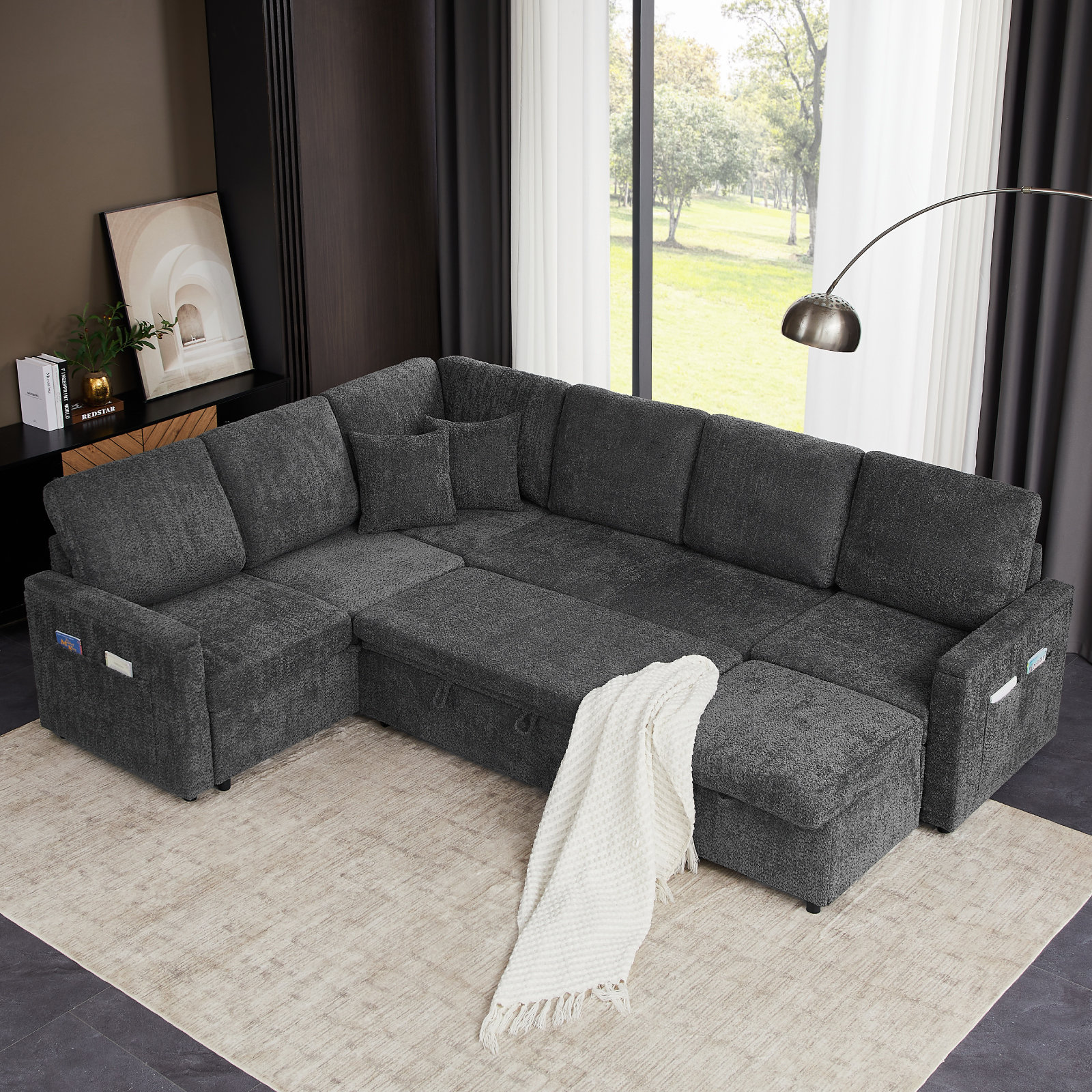 Amsleekey 112'' sleeper couch with pull out bed And 8 Storages ...