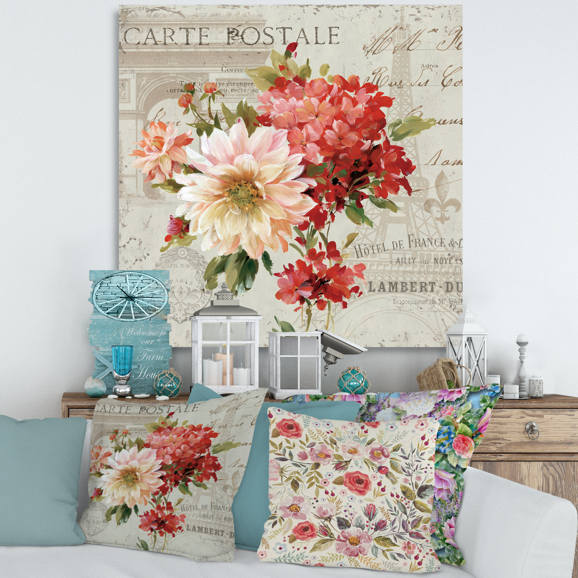 East Urban Home Red Painted Flowers on Vintage Postcard III - Wrapped ...