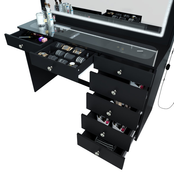 Boahaus LLC Boahaus Theia Large Lighted Vanity Desk, 7 Drawers, Large ...