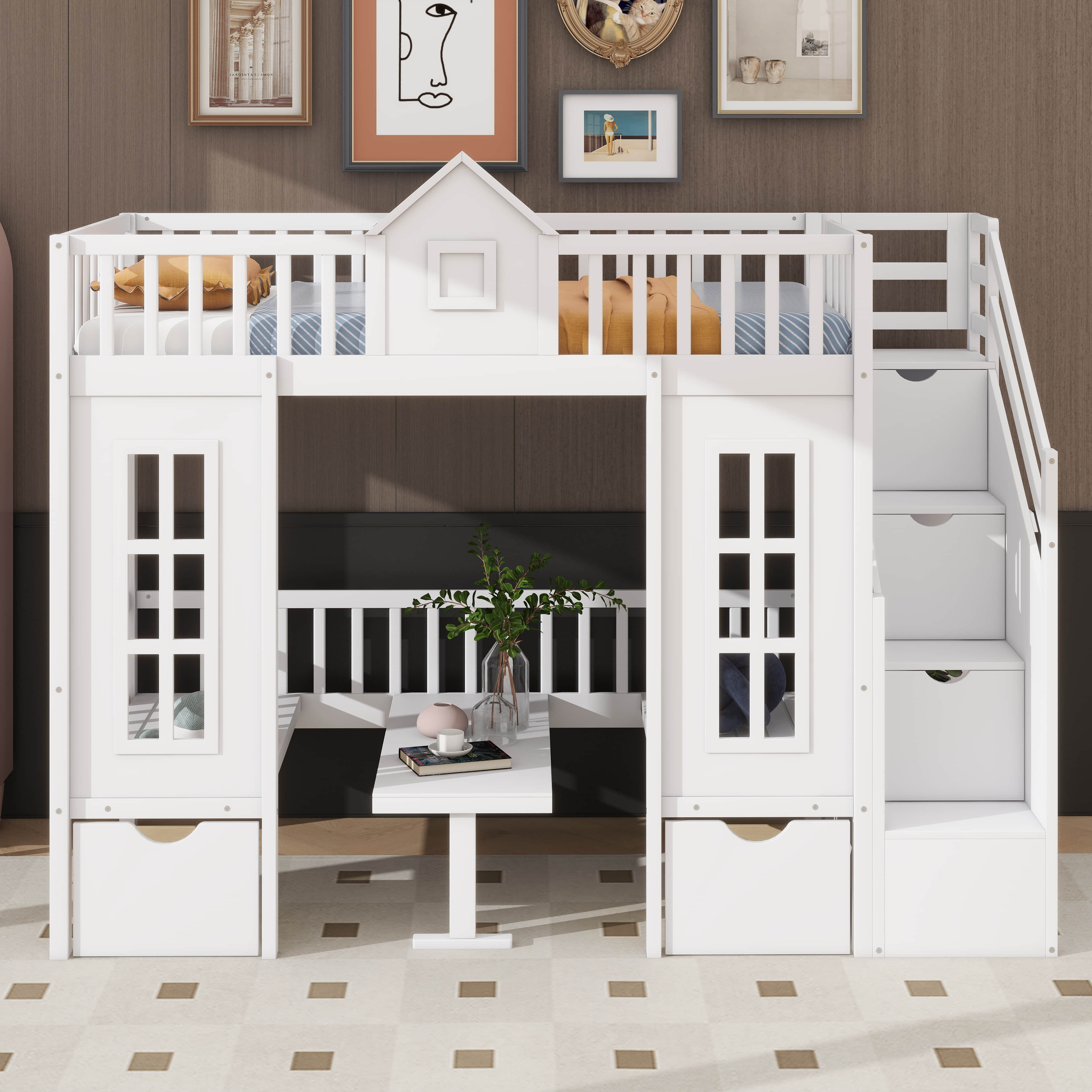 XIUYE Transformable Twin-Over-Twin Bunk Bed With Adjustable Desk, Converting Lower Bunk Into A ...