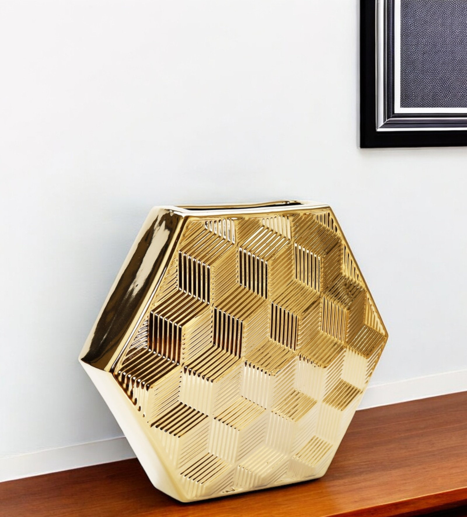 Everly Quinn 13" Gold Geometric Ceramic Table Vase With Sculptural ...
