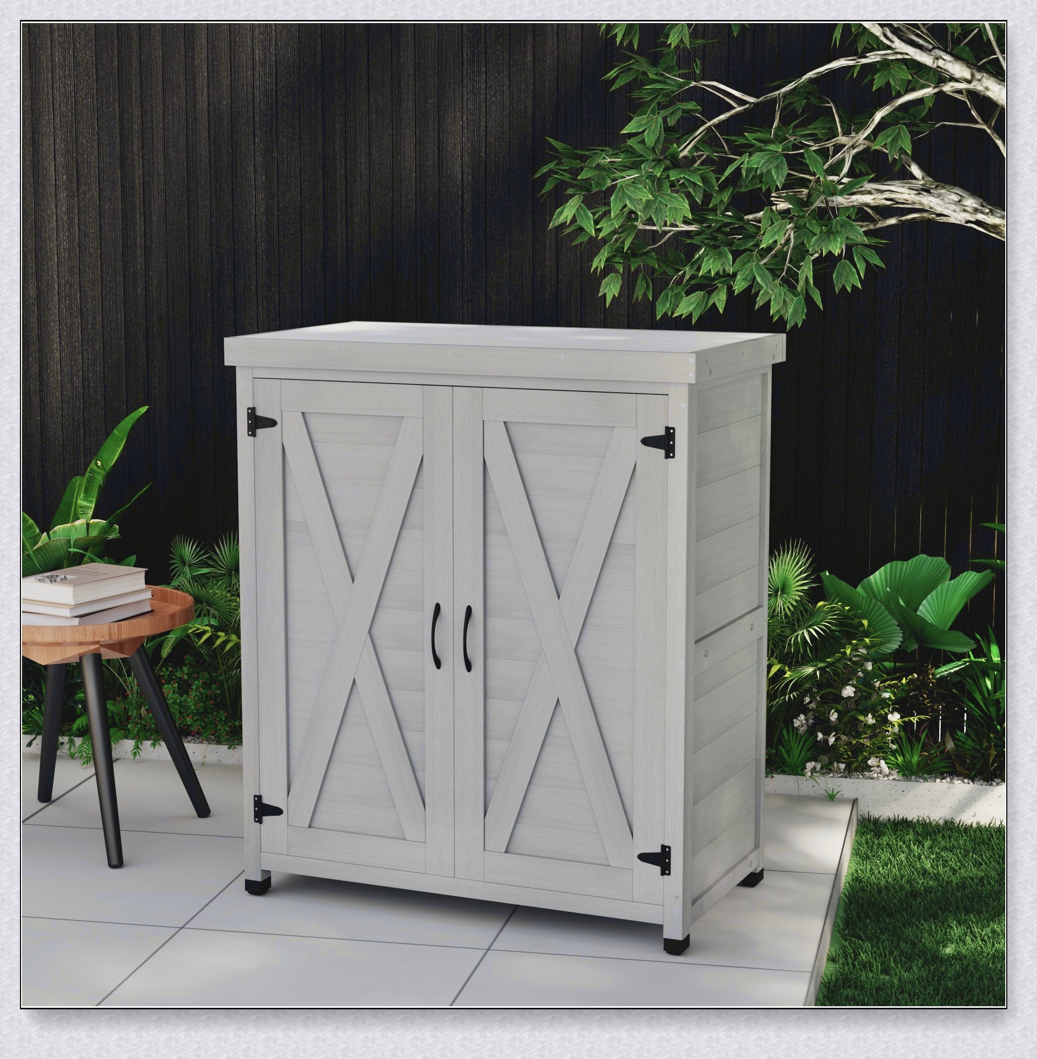 Gracie Oaks Potting Bench with Storage Cabinet and Metal Table Top for ...