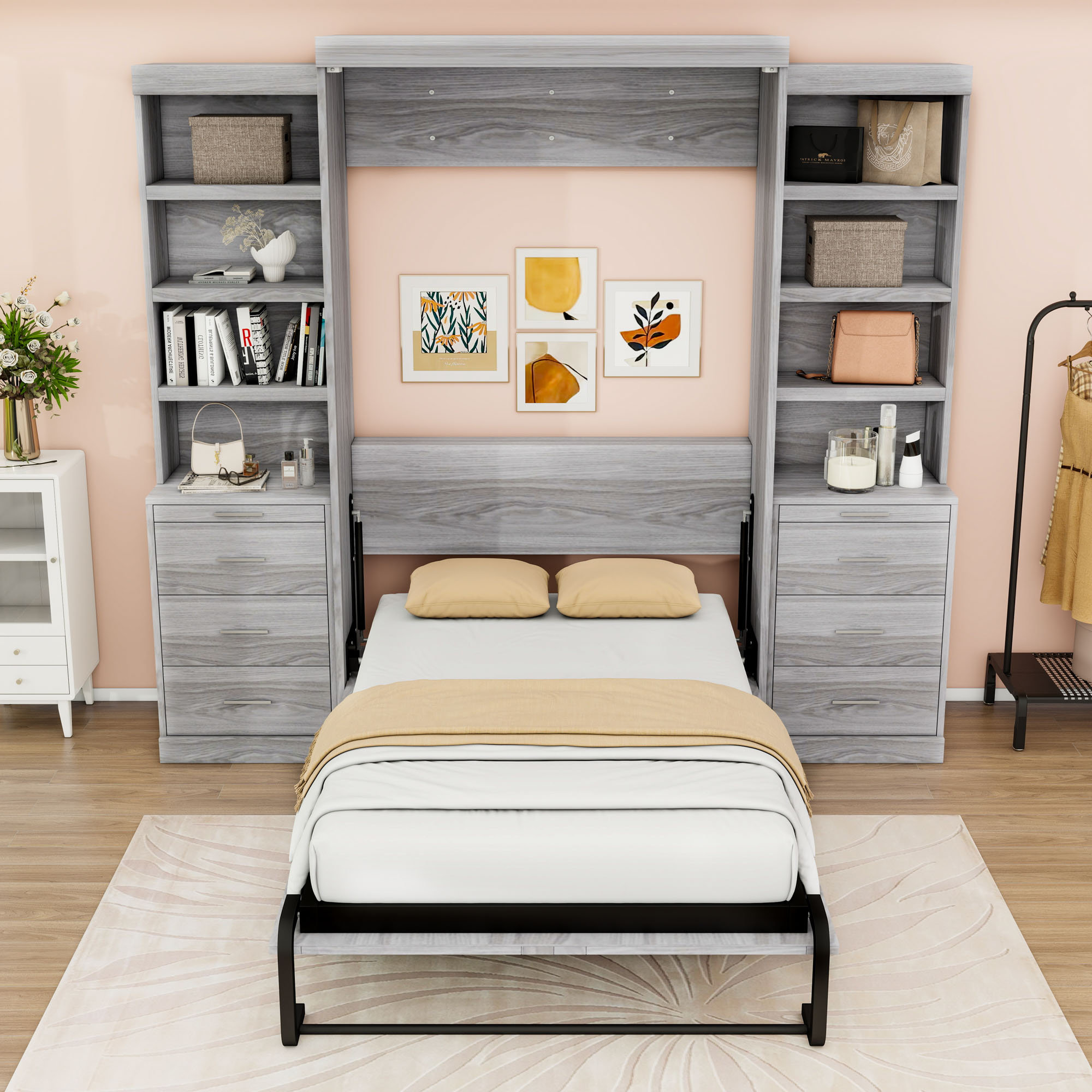 Red Barrel Studio® Full-Size Murphy Bed with Built-In Storage Cabinets ...