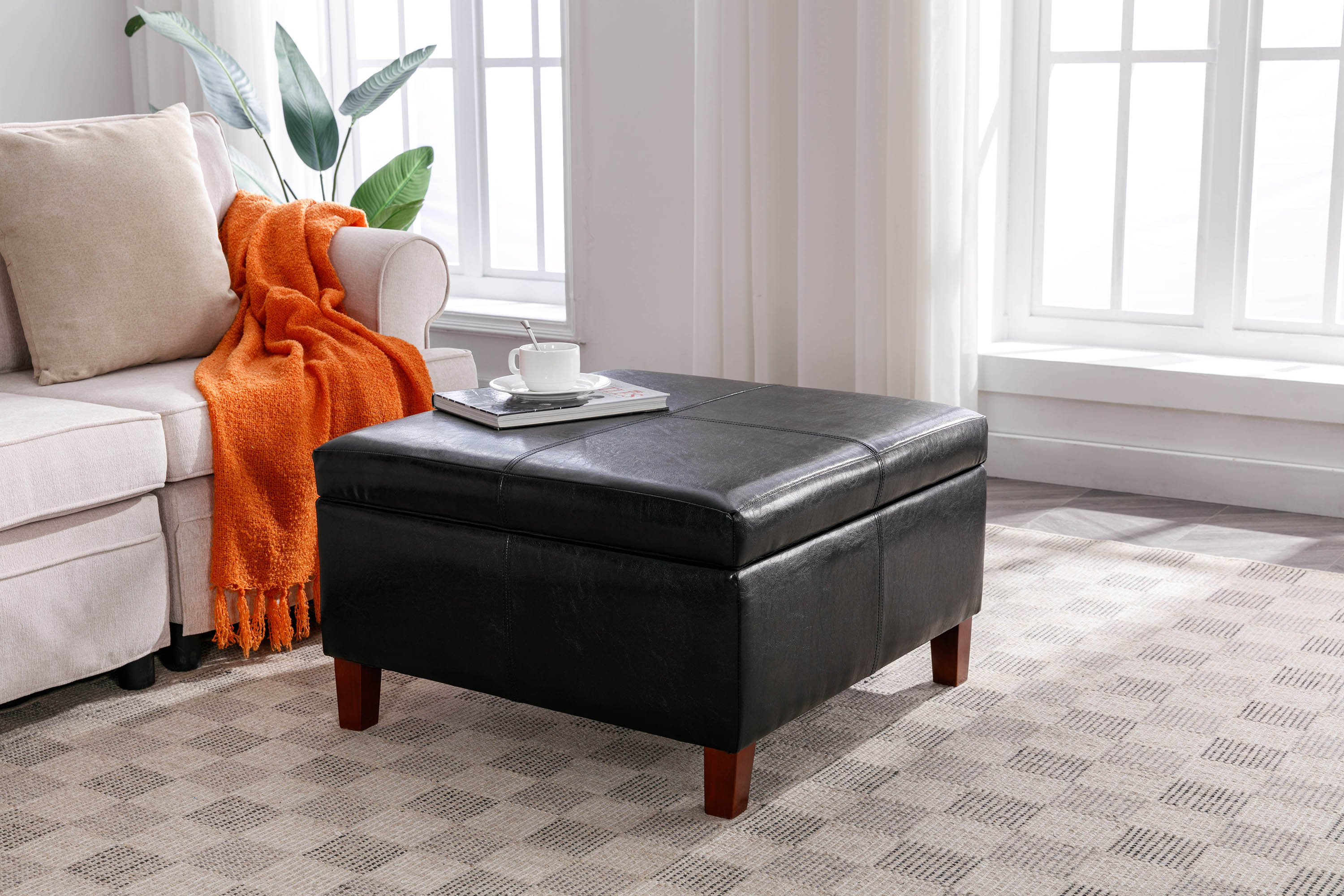 Wade Logan Azalya Faux Leather Storage Ottoman with Rubberwood Legs ...