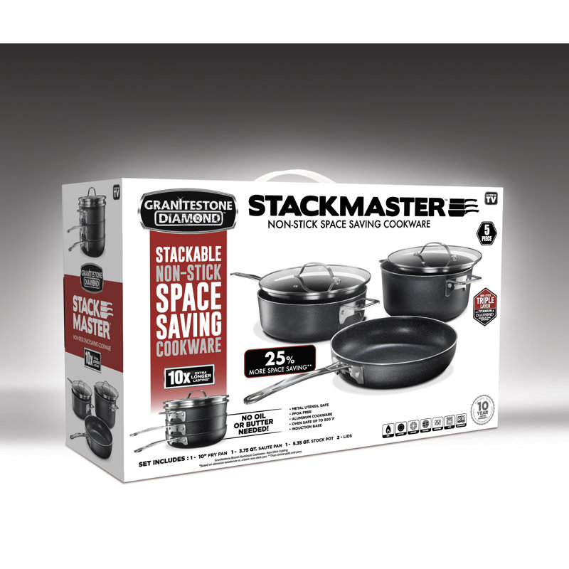 Granitestone Stackable 5 Piece Space Saving Nonstick Cookware Set, Oven ...