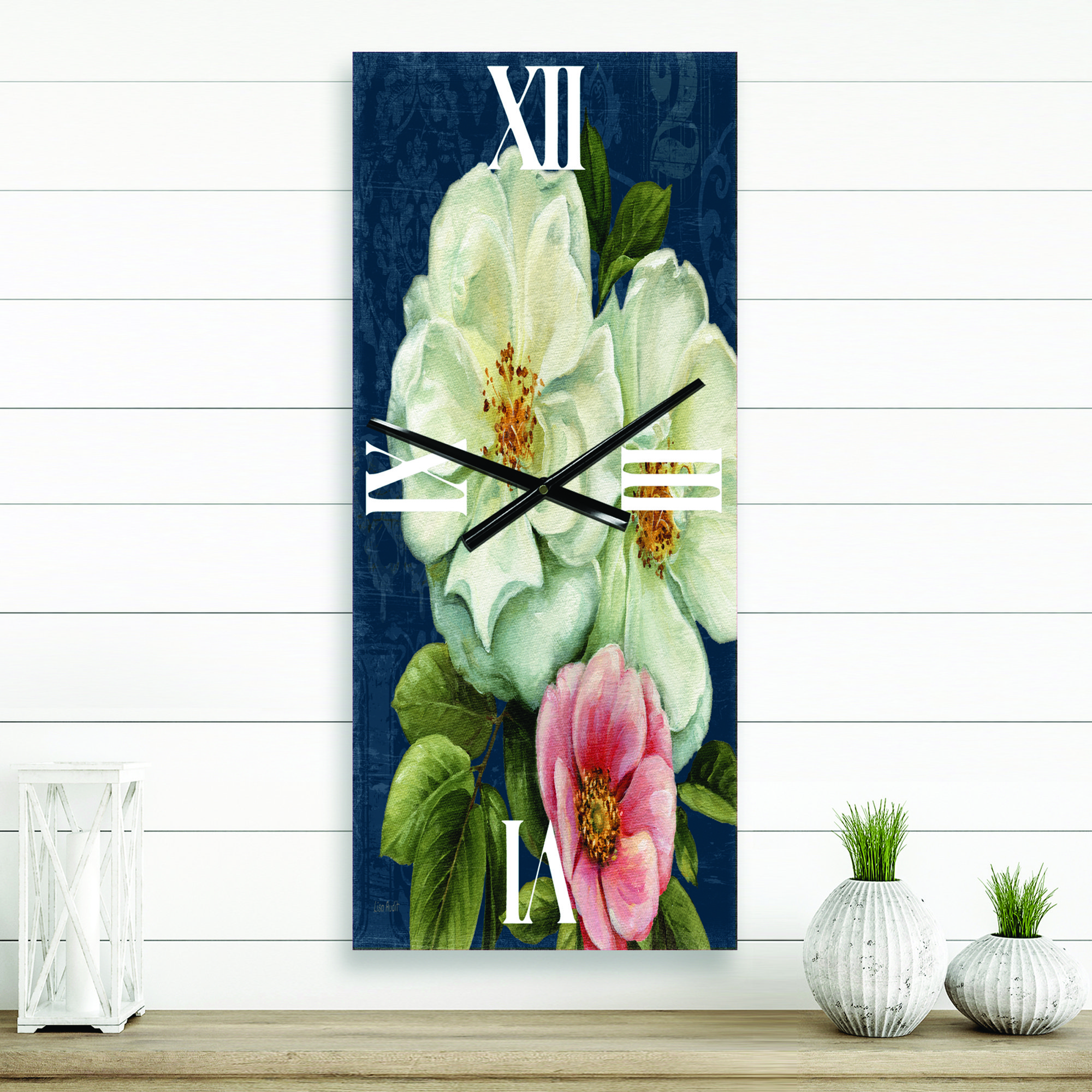 East Urban Home Handpainted Blue Damask Flowers - Farmhouse Wall Clock ...