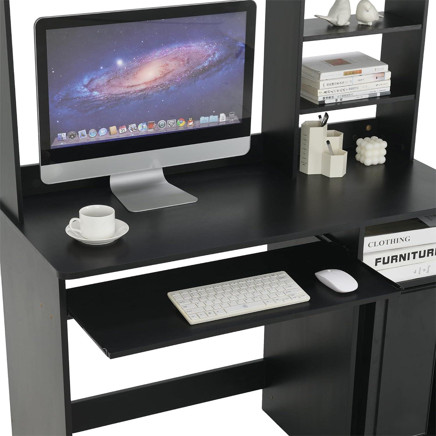 Latitude Run® Axess Black Computer Desk With Hutch, Keyboard Tray And ...