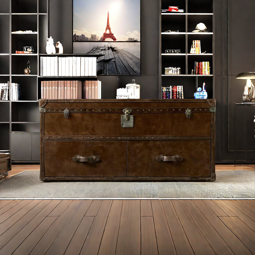 Industrial Style Sofa Vintage Leather-Clad Wooden Storage Locker ...