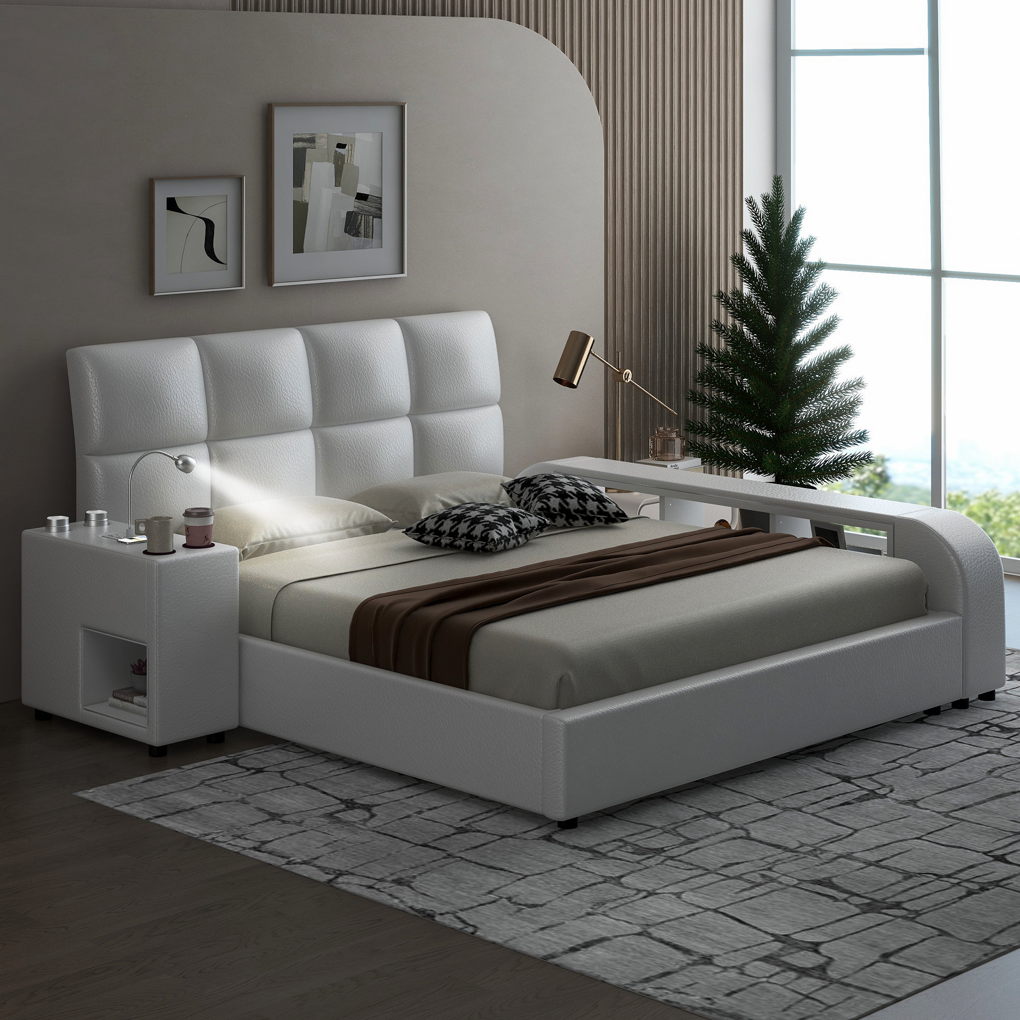 Hokku Designs Size Upholstered Platform Bed With Multimedia Nightstand ...