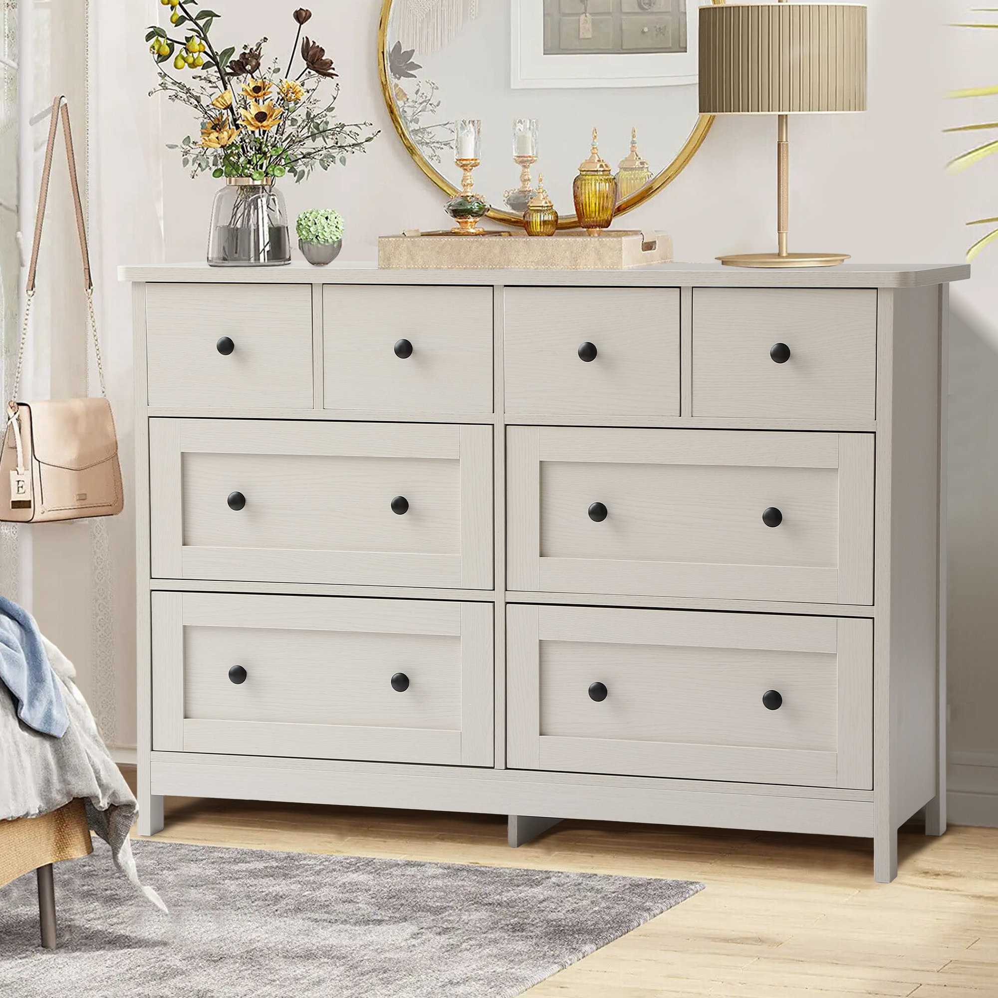 JOVNO Wide 8 Drawer Dresser, 47" Long Dresser Tv Stand With Black Metal ...