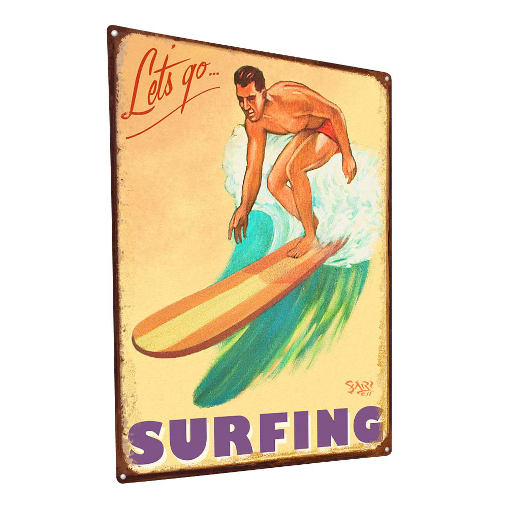 Trinx Vintage Man Surfing On Metal Print | Wayfair