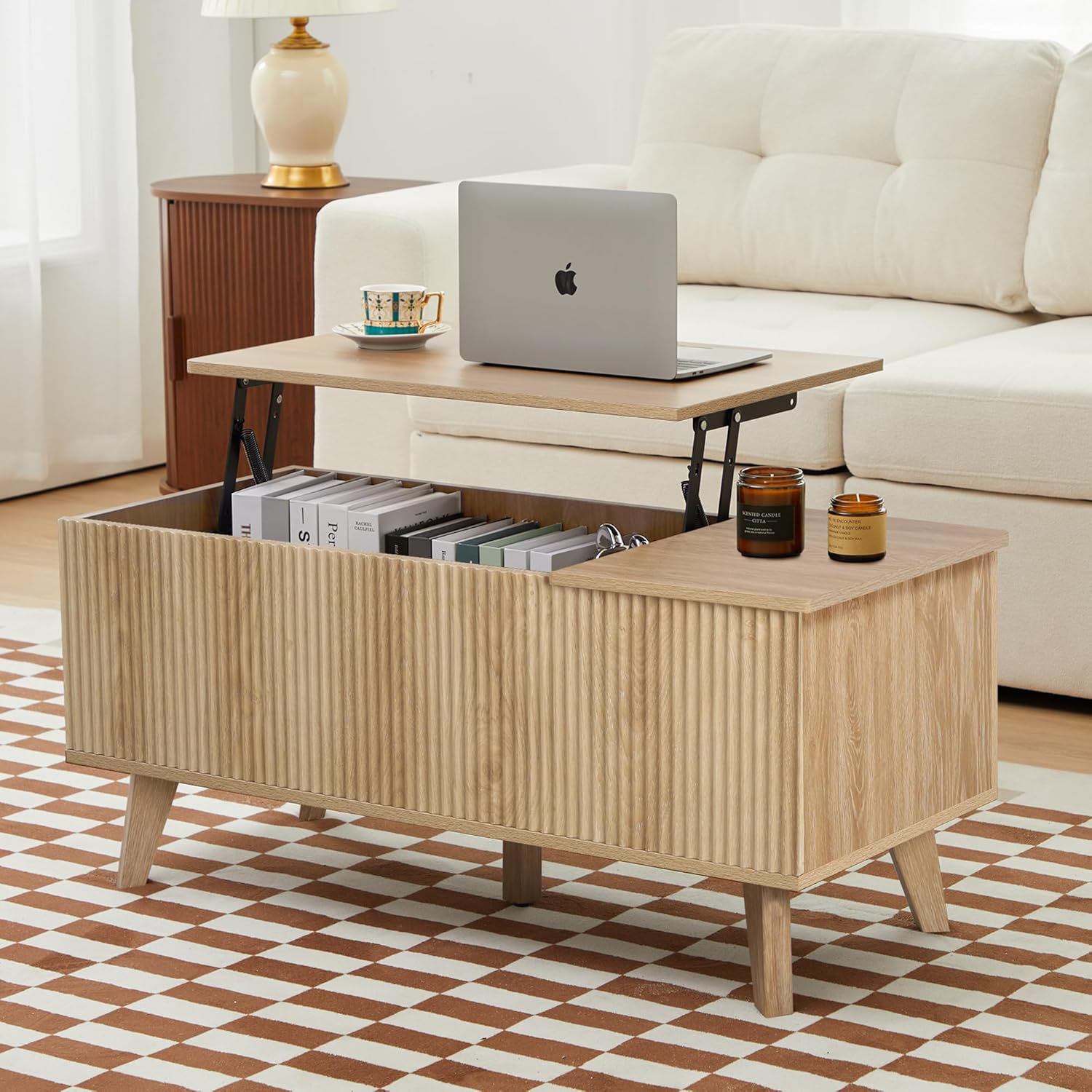 George Oliver Table basse à plateau relevable cannelé en bois avec ...