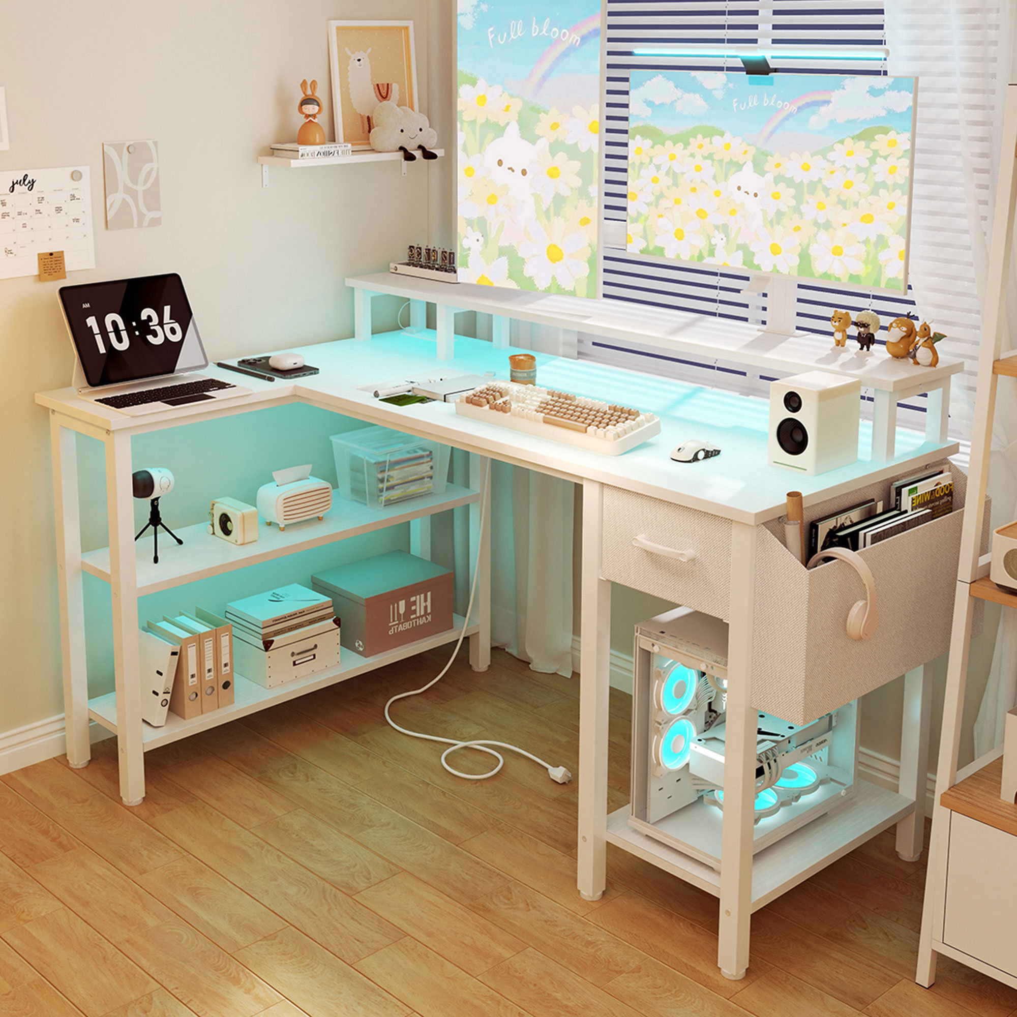 Inbox Zero Computer Desk with Monitor Stand, Gaming Desk with LED ...