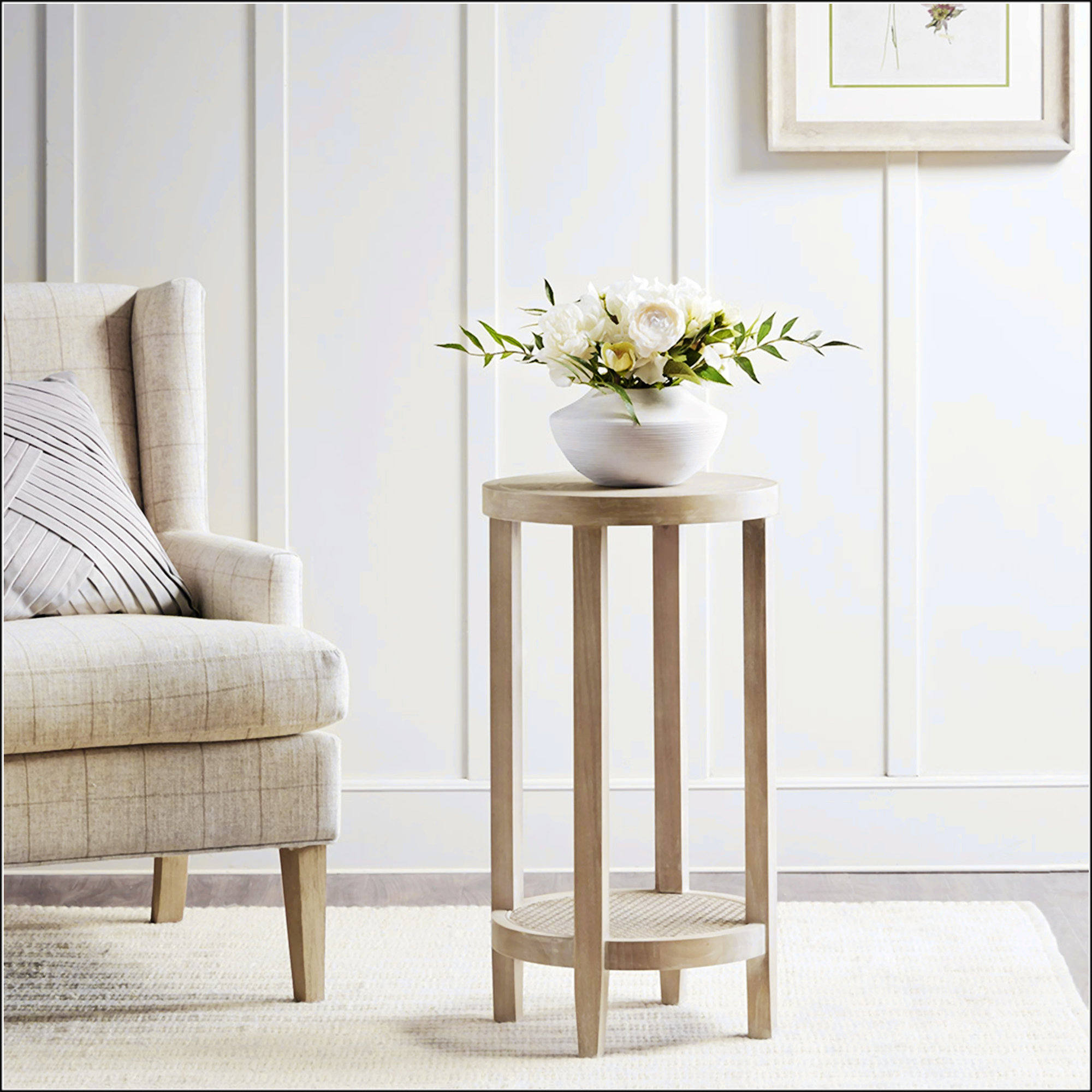 Ivy Bronx Round Accent Table With Ash Veneer Top And Rattan Cane Shelf ...