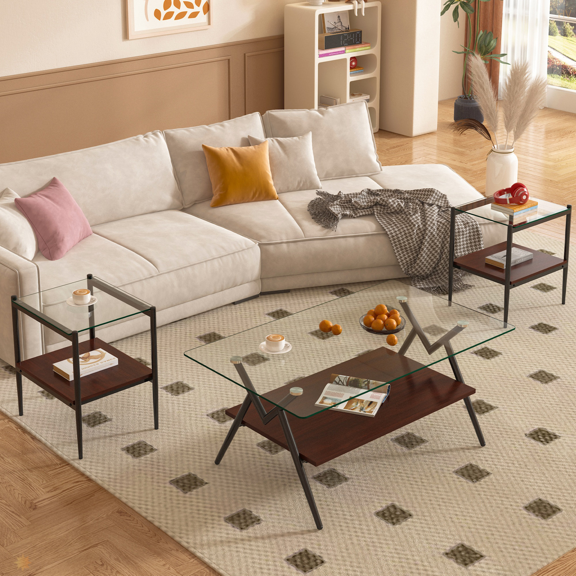 George Oliver Coffee Table And End Tables Set Of 3, Tempered Glass ...