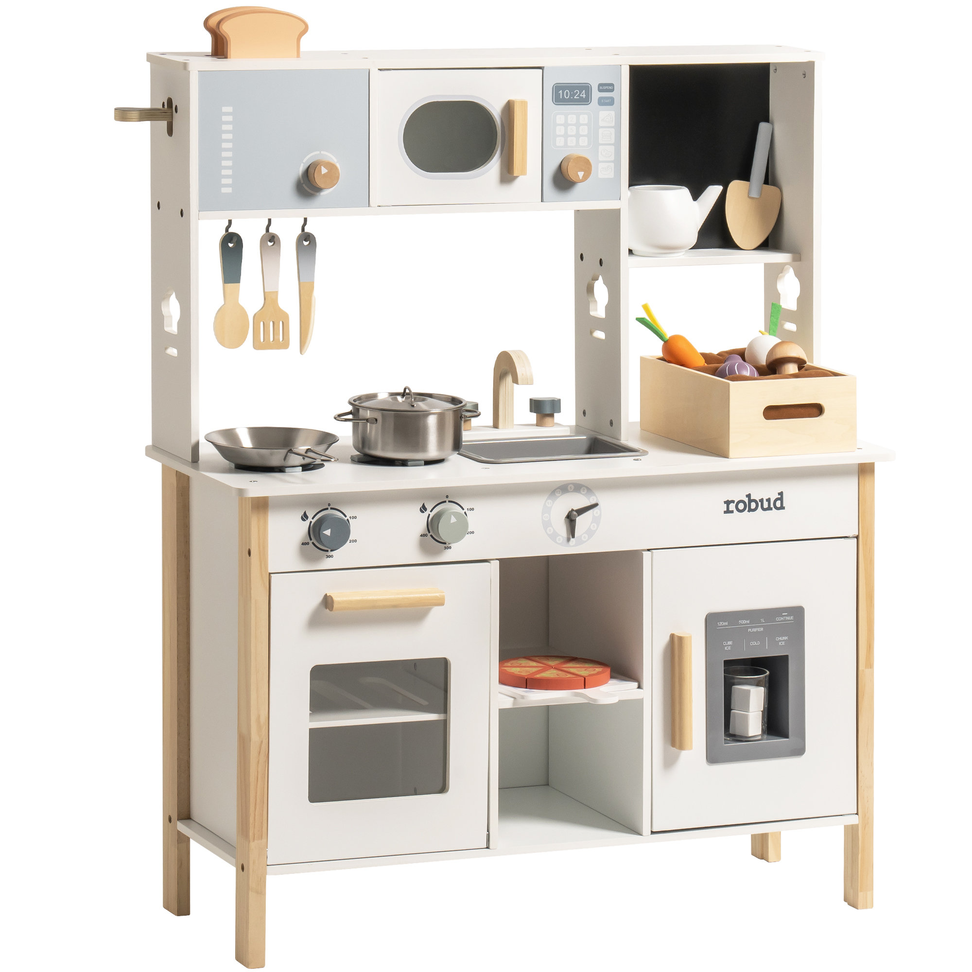 ROBUD Wooden Kids Play Kitchen Playset with Cutting Toy Food Set ...