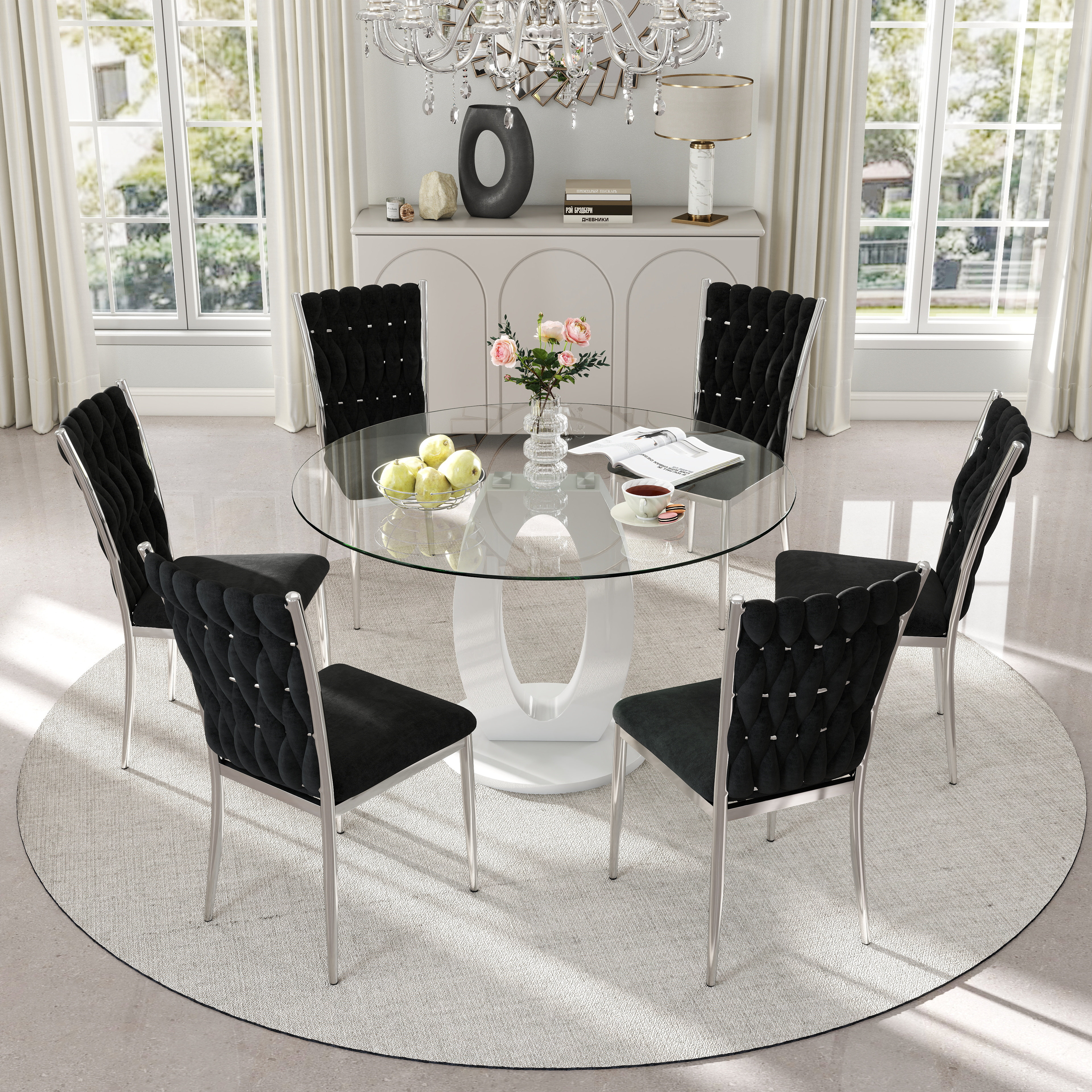 Mercer41 Round Glass Dining Table Set, O-Shape Pedestal Table with ...