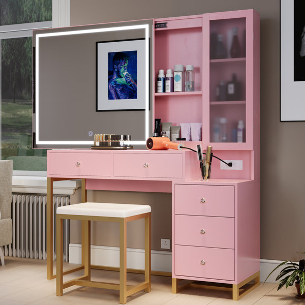 Mercer41 Pink Vanity Desk With Mirror And Lights, Makeup Vanity Table ...