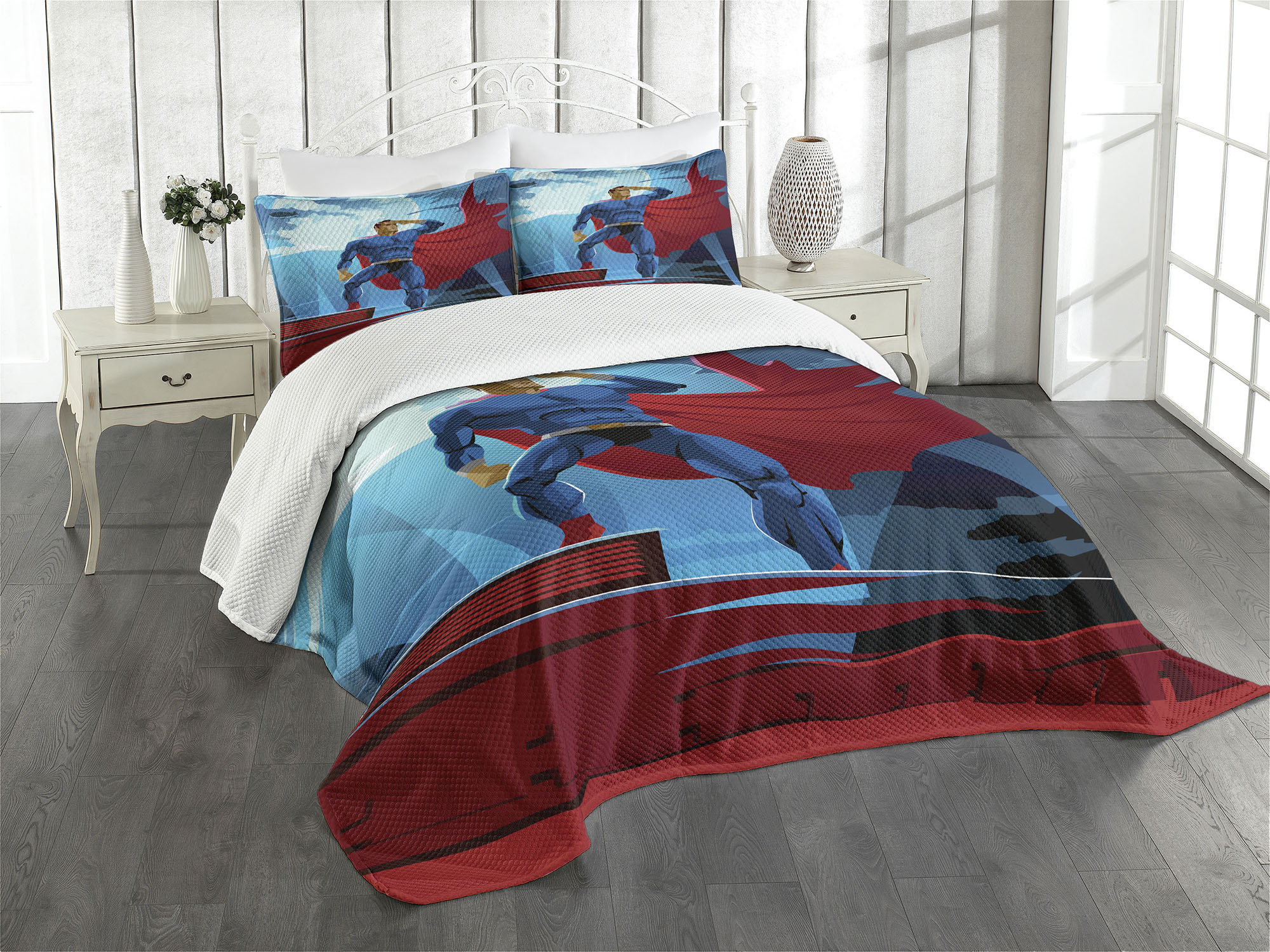 Ambesonne Superhero Bedspread Set Retro Cartoon Heros Blue Red | Wayfair