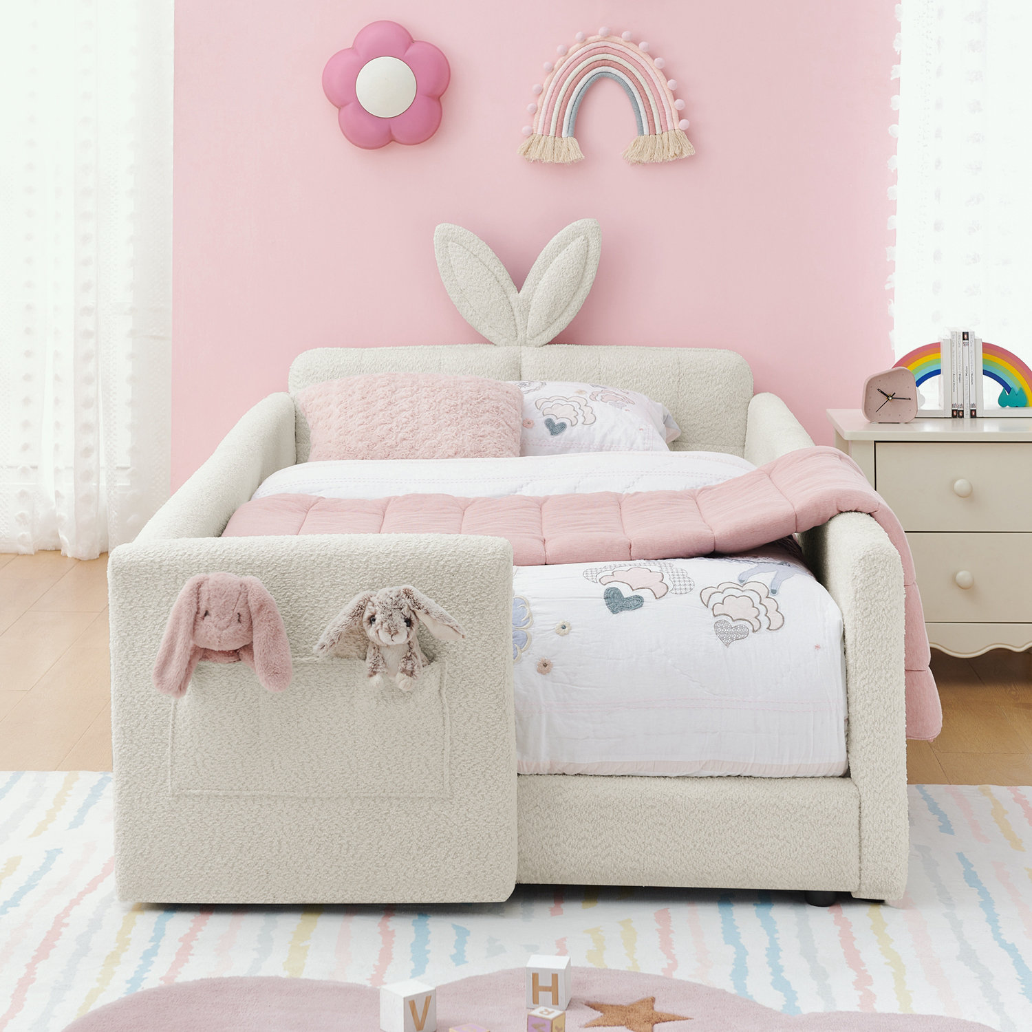 Latitude Run® Twin Size Upholstered Platform Bed with Cute Rabbit Ear ...