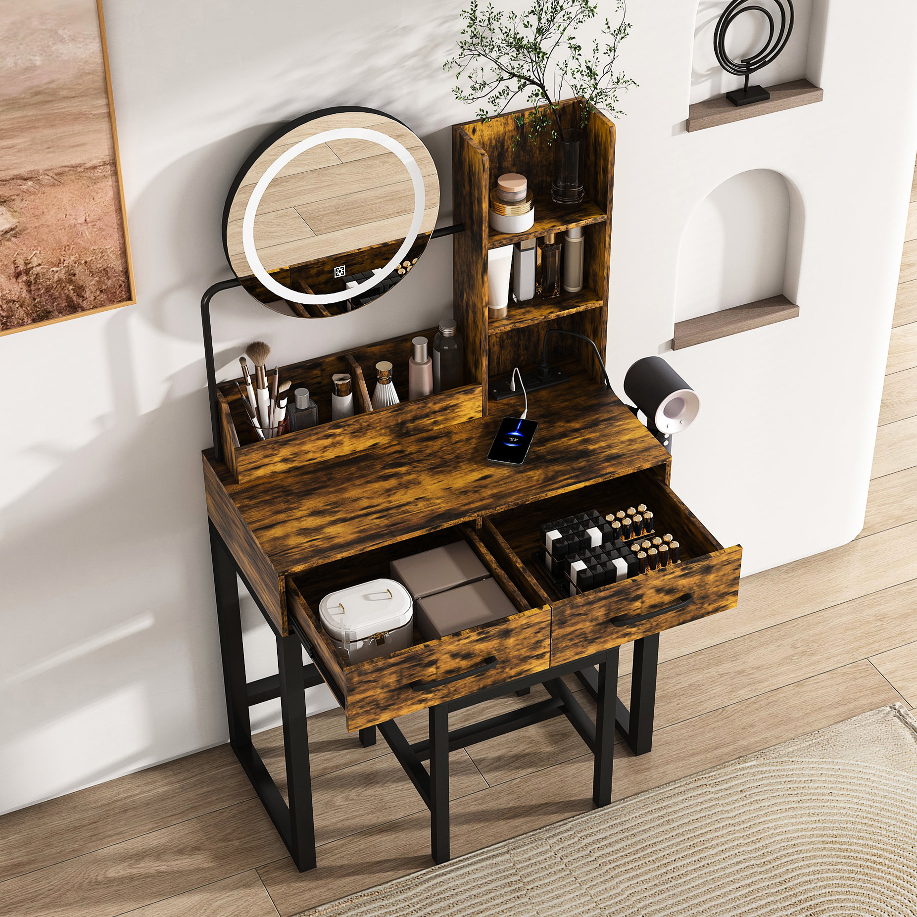 Ivy Bronx American - Style Makeup Vanity With Led Lights, 2 Big Drawers ...
