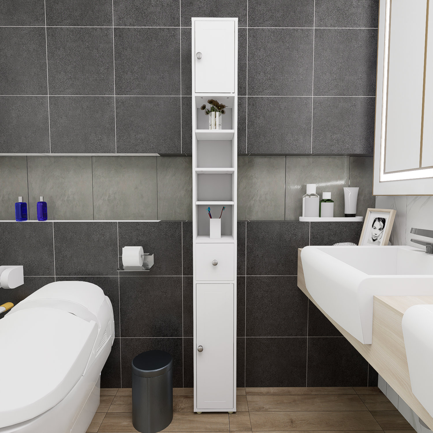 Rebrilliant Tall Skinny Bathroom Storage Cabinet, 71" Freestanding ...