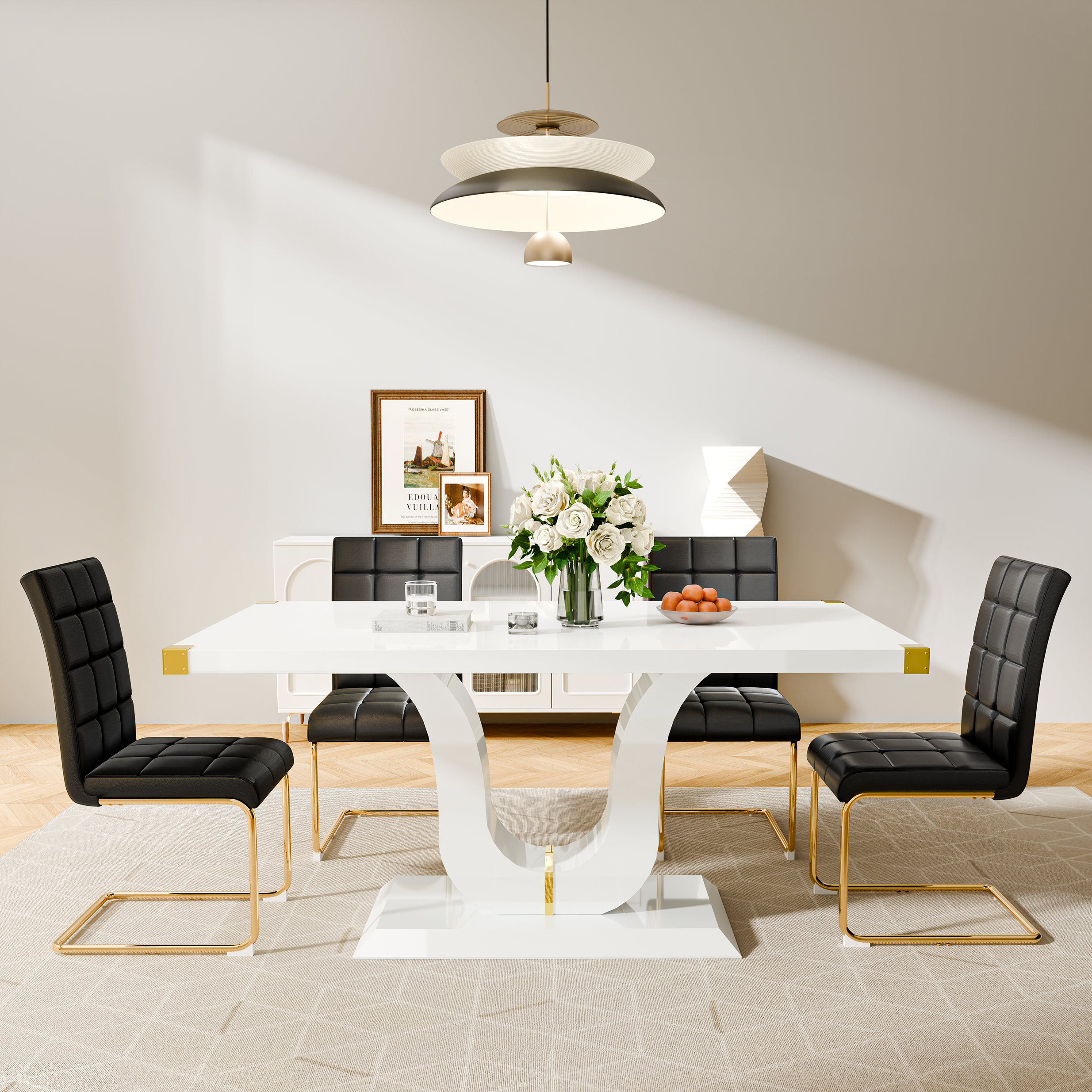 Westco Furniture 63" Modern White High-Gloss Mdf Dining Table Set With ...